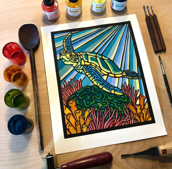 Sea Turtle - Original Linocut – Altitude Gallery